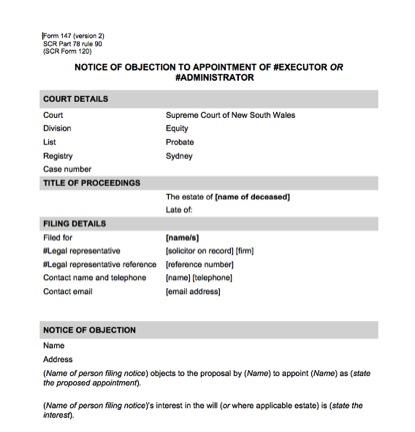 Notice of objection to appointment of executor or administrator (NSW ...